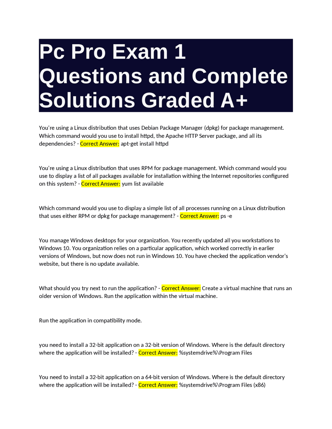 Pc Pro Exam 1 Questions and Complete Solutions Graded A+ | Exams Computer Science | Docsity