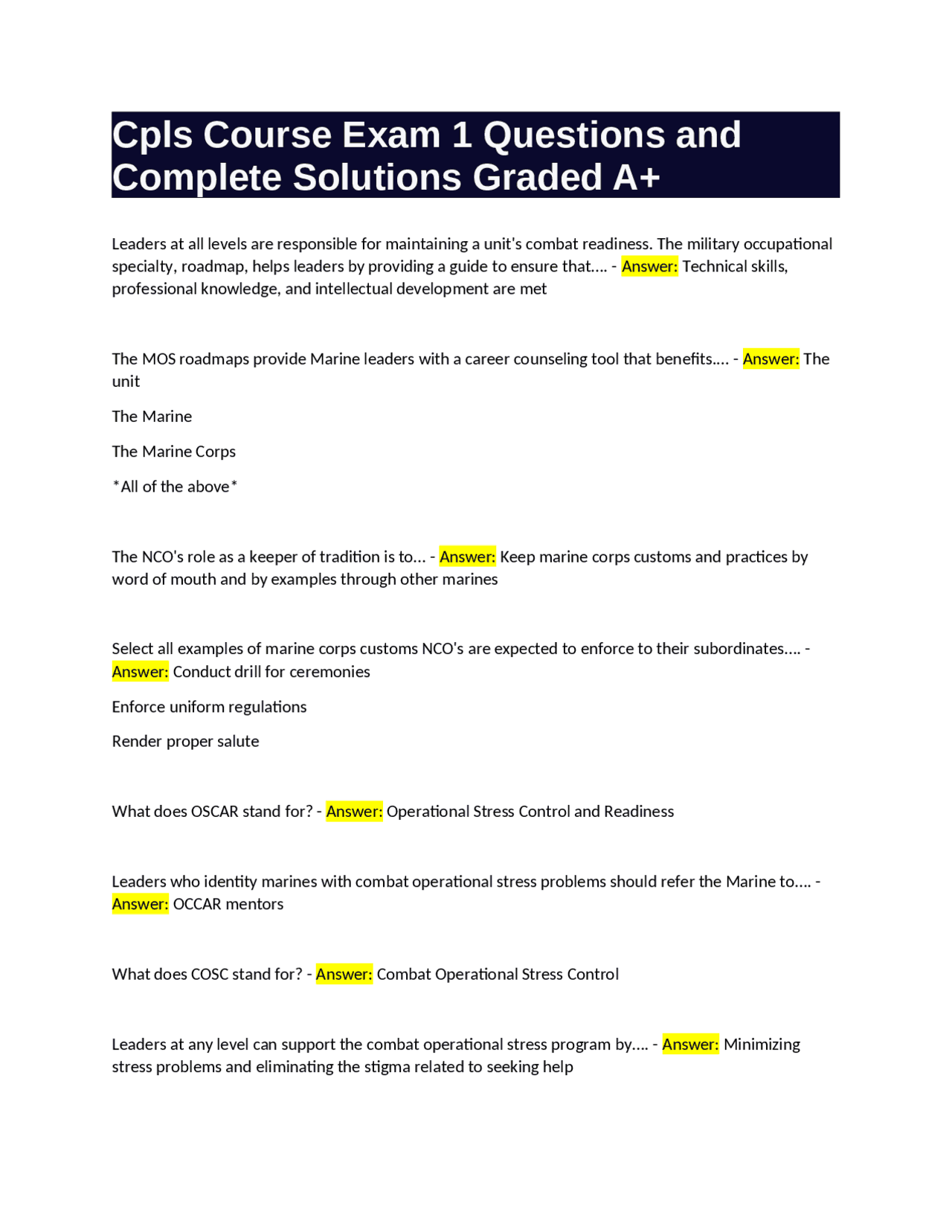 Cpls Course Exam 1 Questions and Complete Solutions Graded A+ | Exams ...