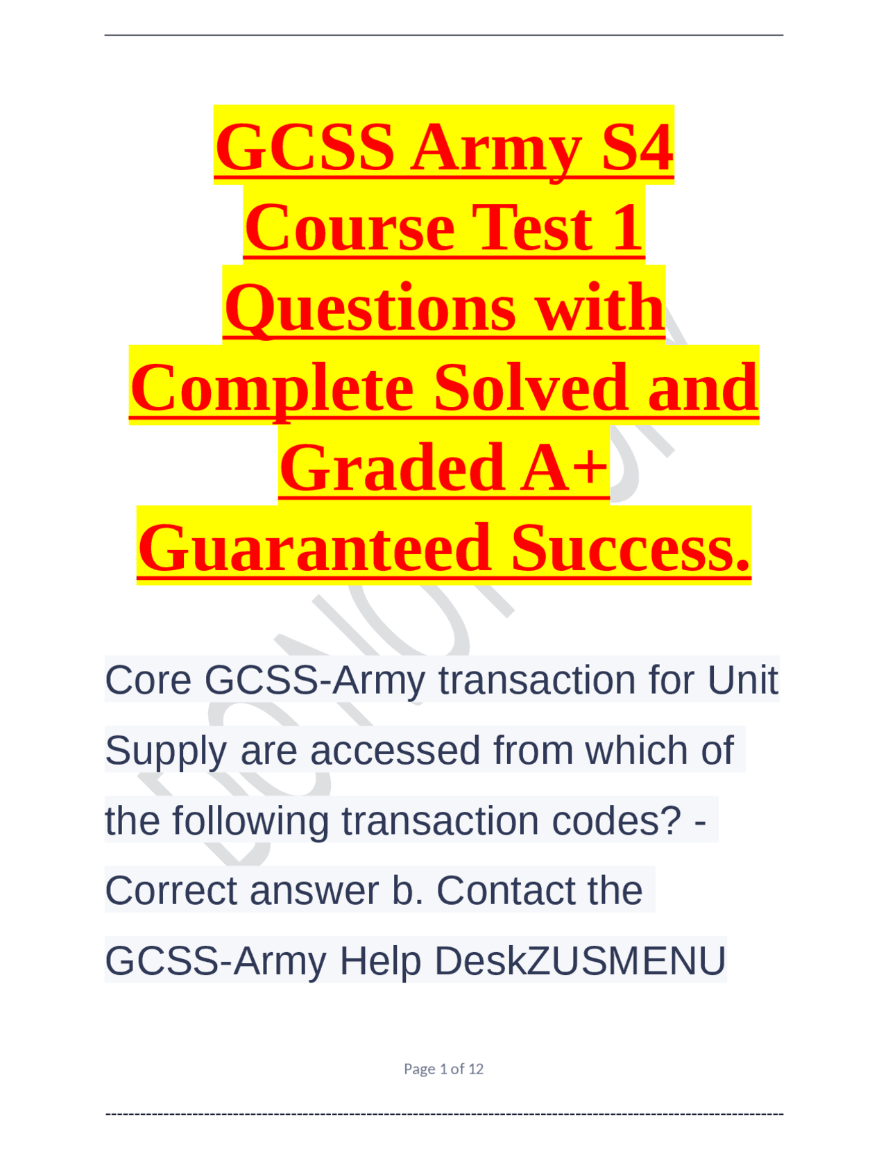 GCSS-Army S4 Course Test 1: Multiple Choice Questions and Answers ...