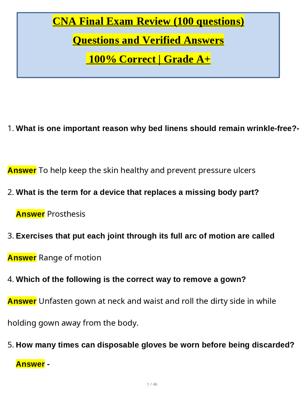 CNA Final Exam Review (100 questions) (Latest 2025 / 2026 Update ...
