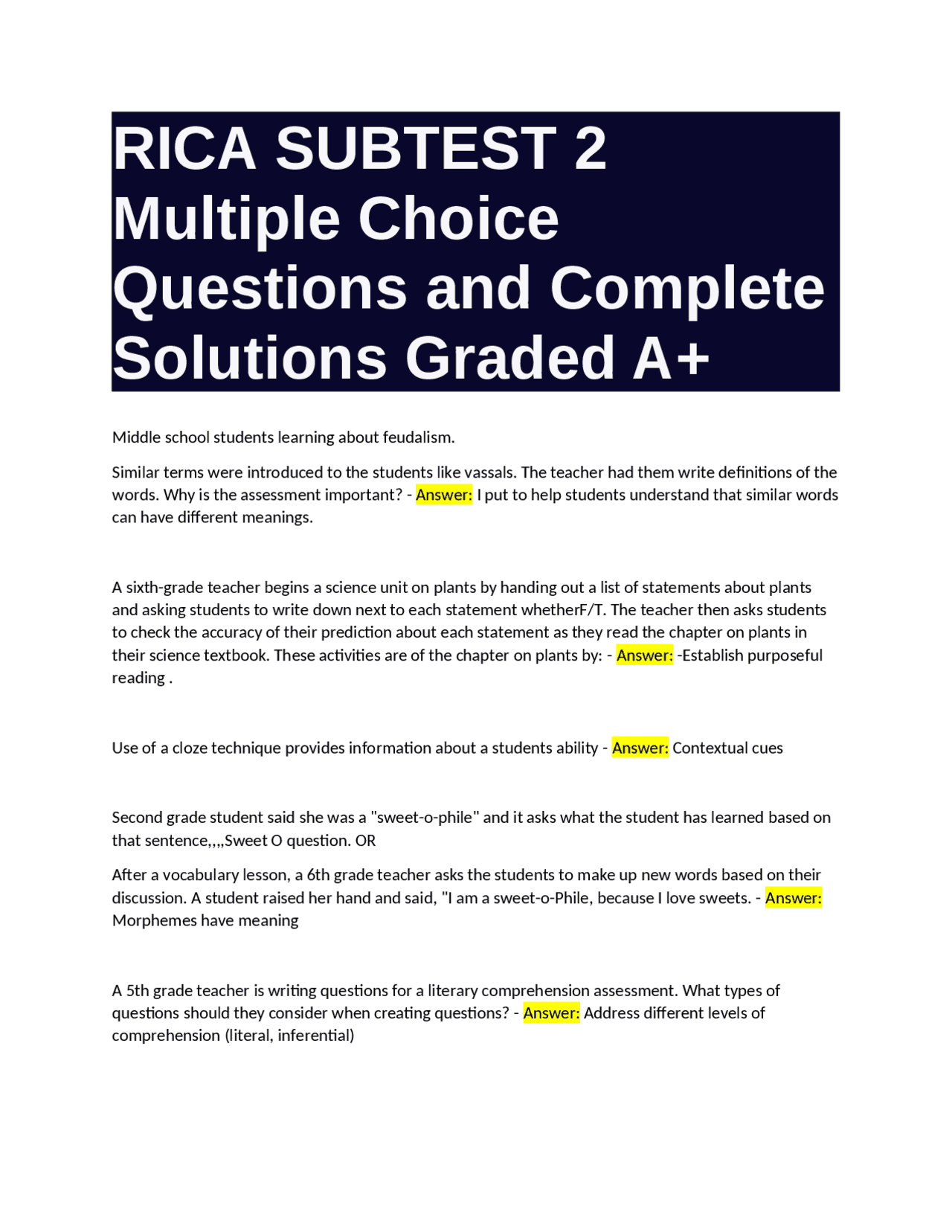 RICA SUBTEST 2 Multiple Choice Questions and Complete Solutions Graded ...