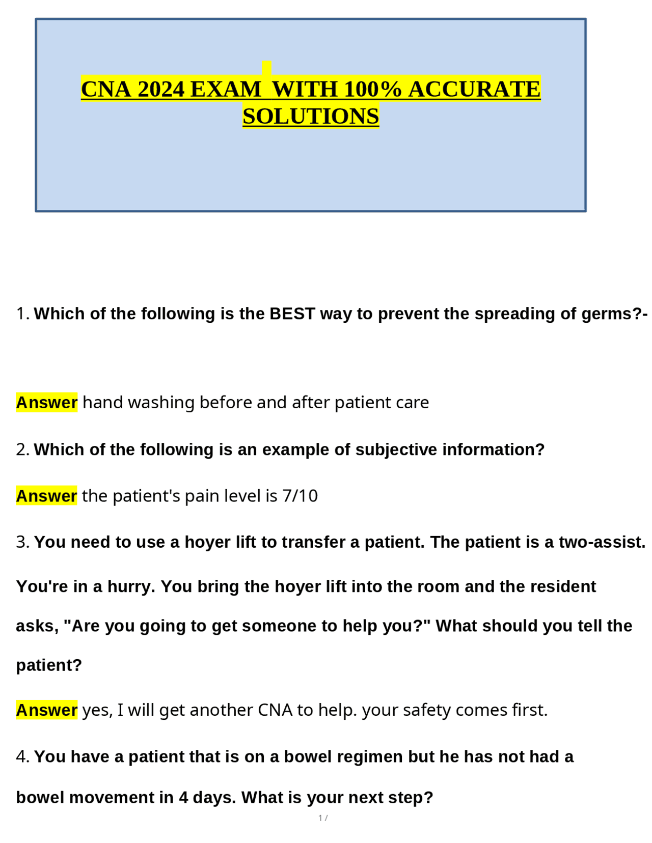 CNA Exam (Latest 2025 / 2026 Update) Questions and Verified Answers ...