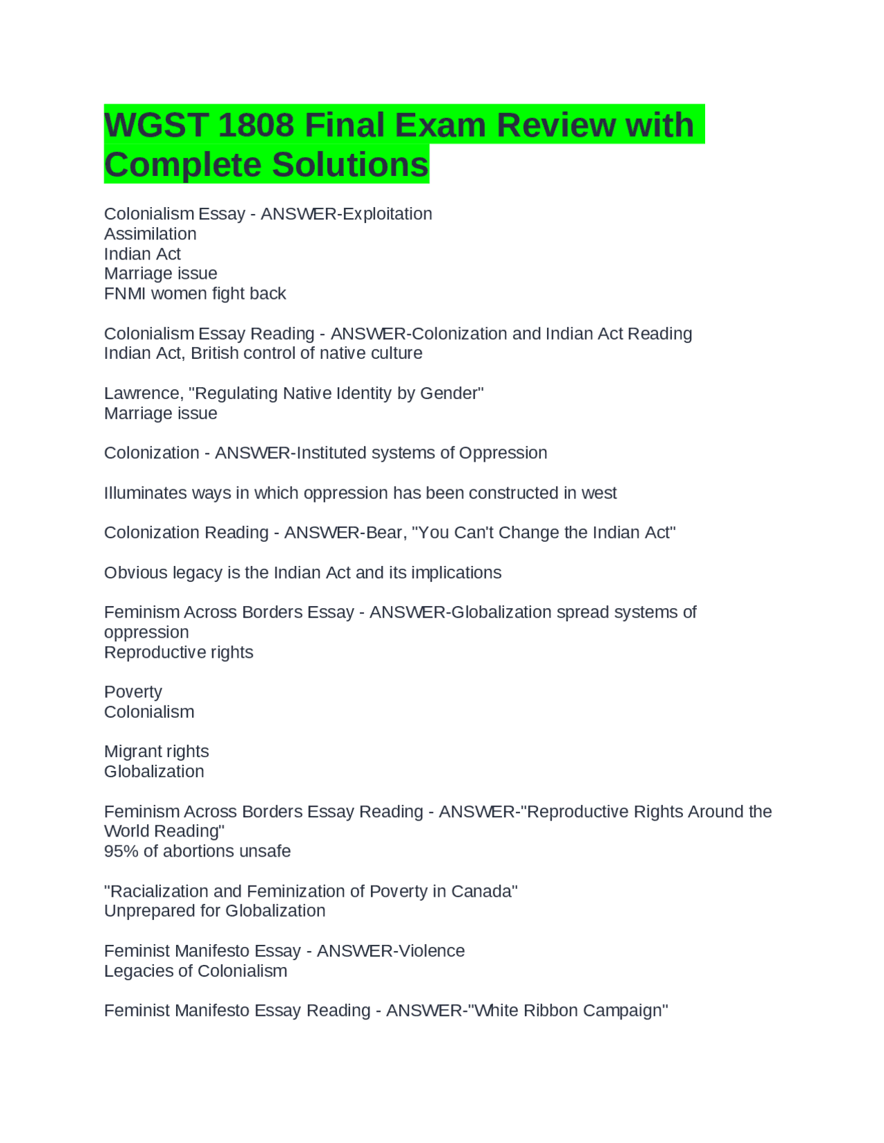 WGST 1808 Final Exam Review: Key Concepts & Themes | Exams Advanced ...