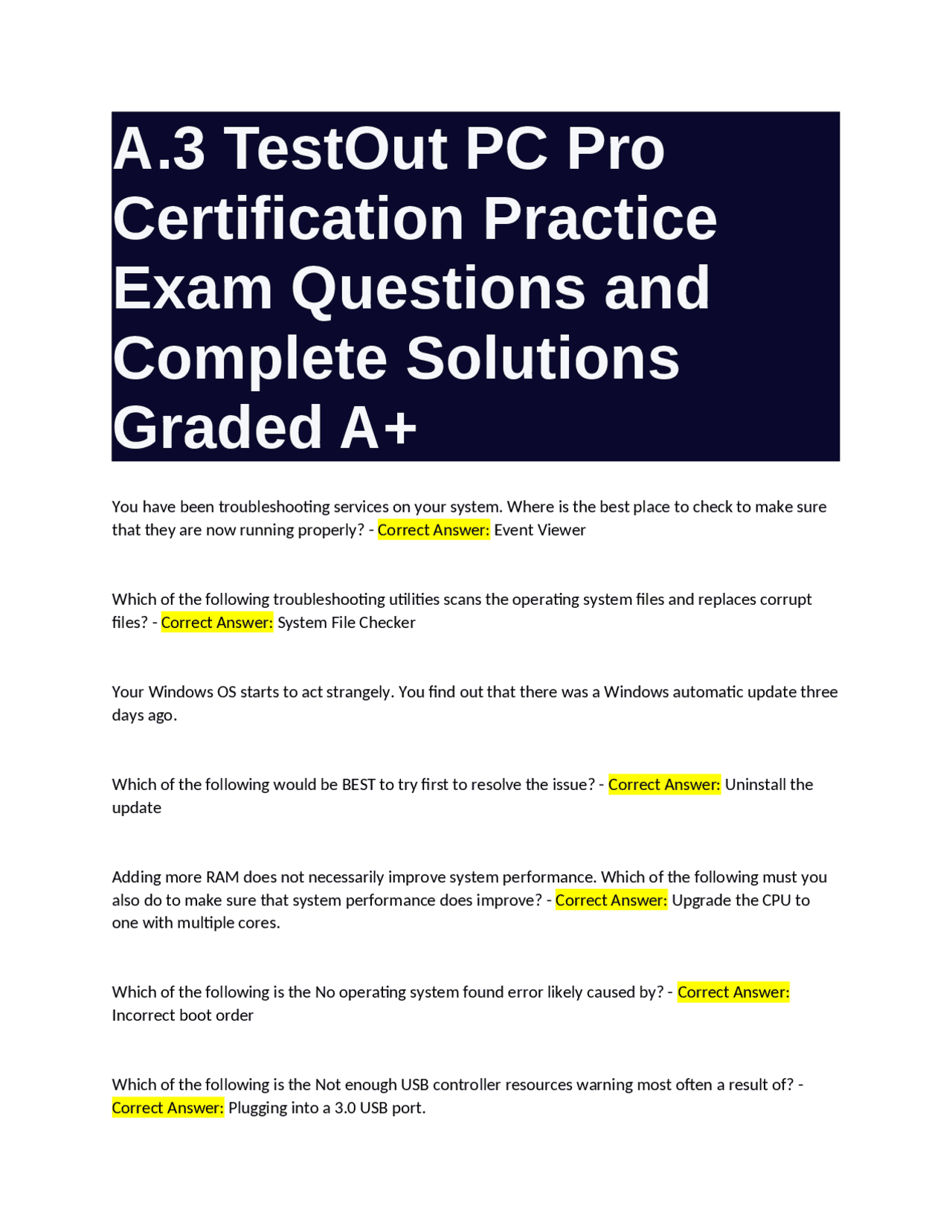 A.3 TestOut PC Pro Certification Practice Exam Questions and Complete ...