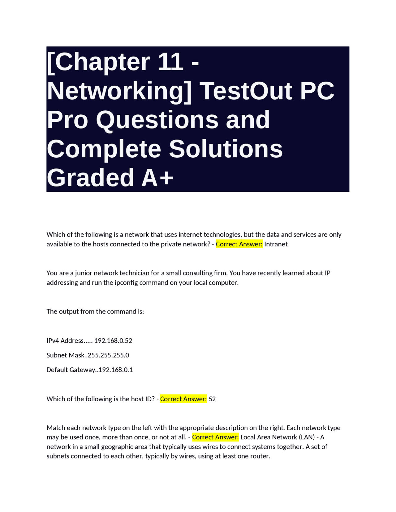 TestOut PC Pro Networking Chapter 11: Questions and Solutions | Exams ...