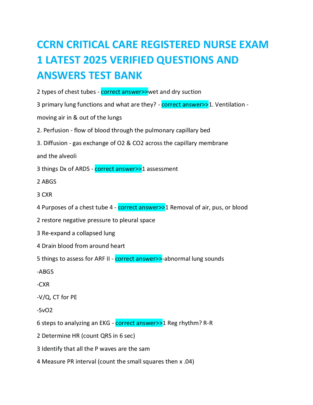 CCRN CRITICAL CARE REGISTERED NURSE EXAM 1 LATEST 2025 VERIFIED ...