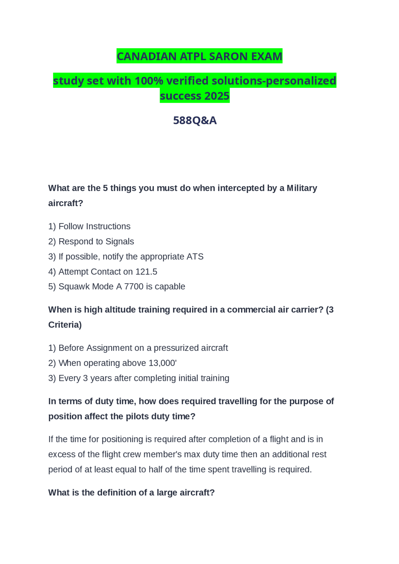 CANADIAN ATPL SARON EXAM study set with 100% verified solutions ...