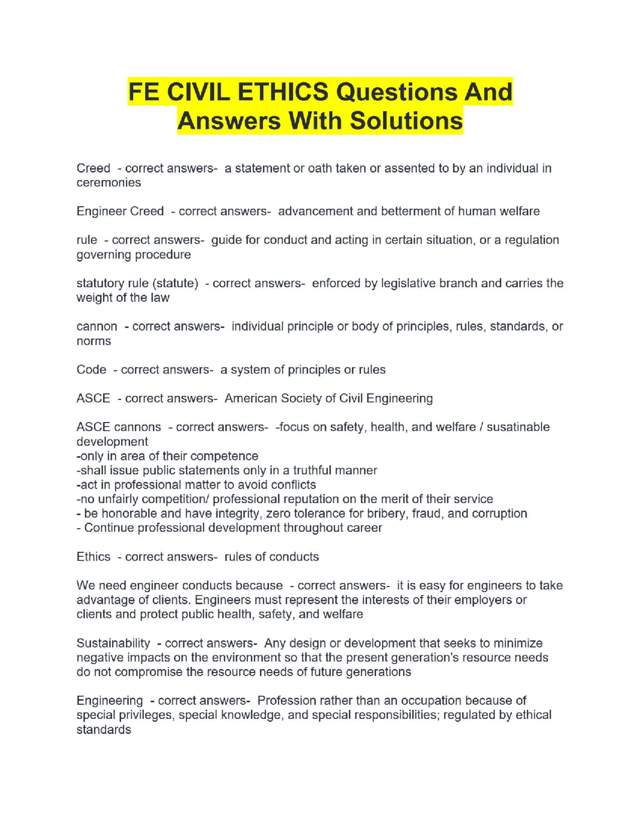 FE CIVIL ETHICS Questions And Answers With Solutions.pdf | Exams Civil ...