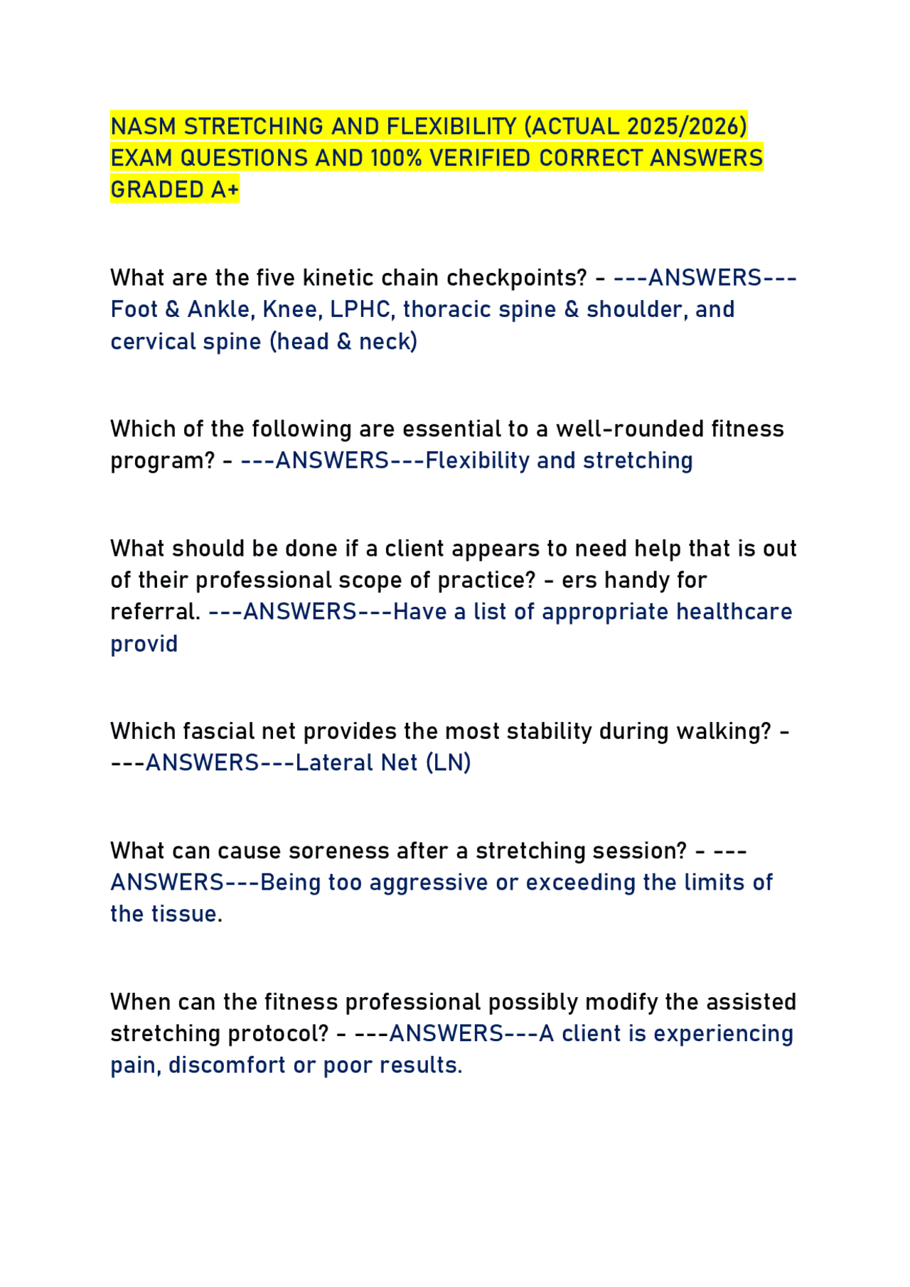 NASM STRETCHING AND FLEXIBILITY (ACTUAL 2025/2026) EXAM QUESTIONS AND ...