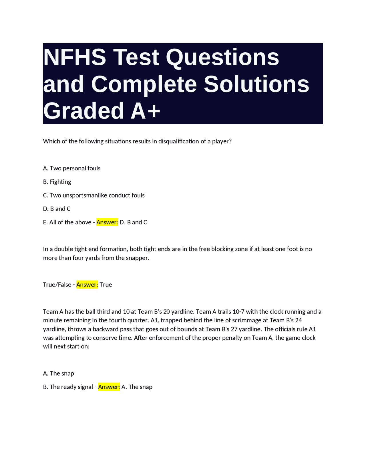 NFHS Football Test Questions and Answers | Exams Physical Activity and ...