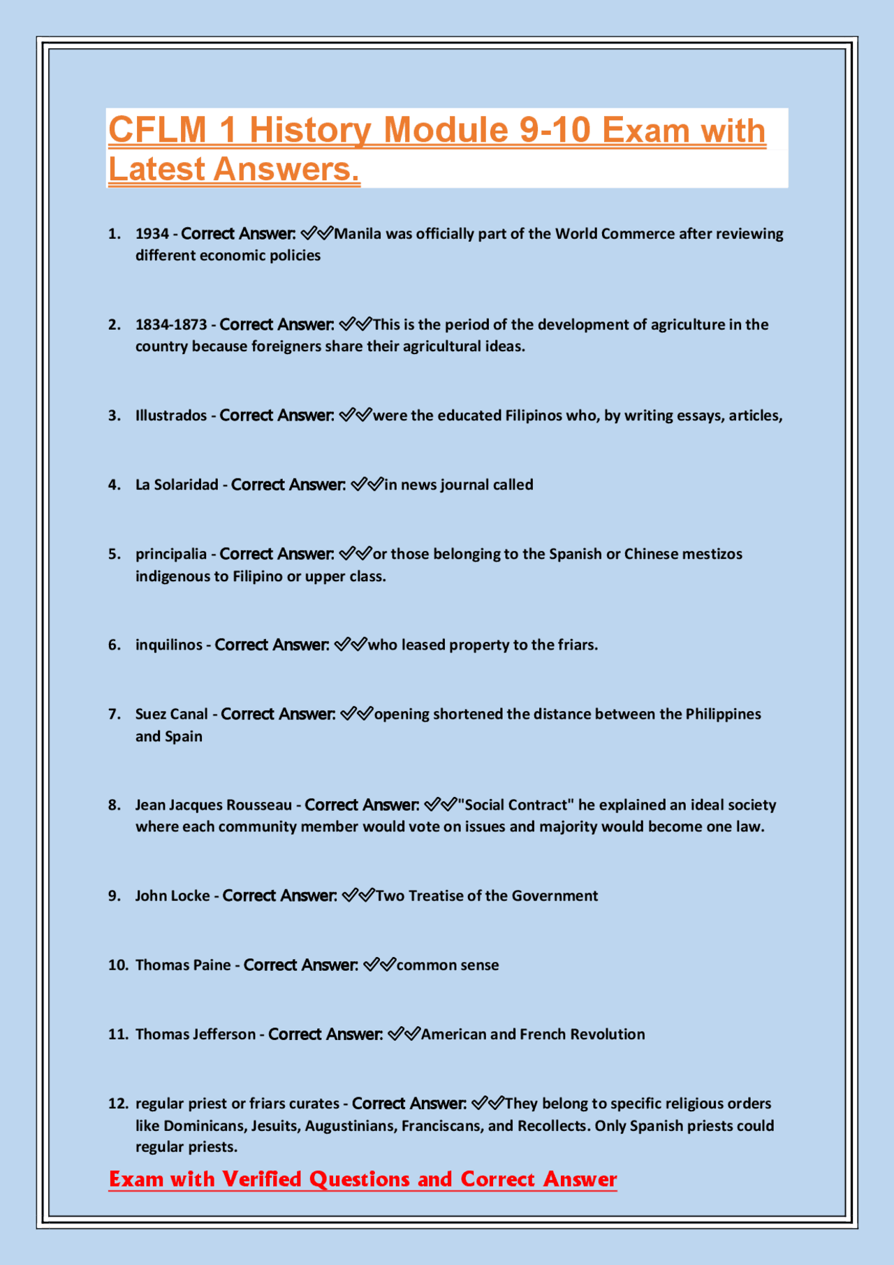Philippine History Exam: Module 9-10 - CFLM 1 | Exams History | Docsity