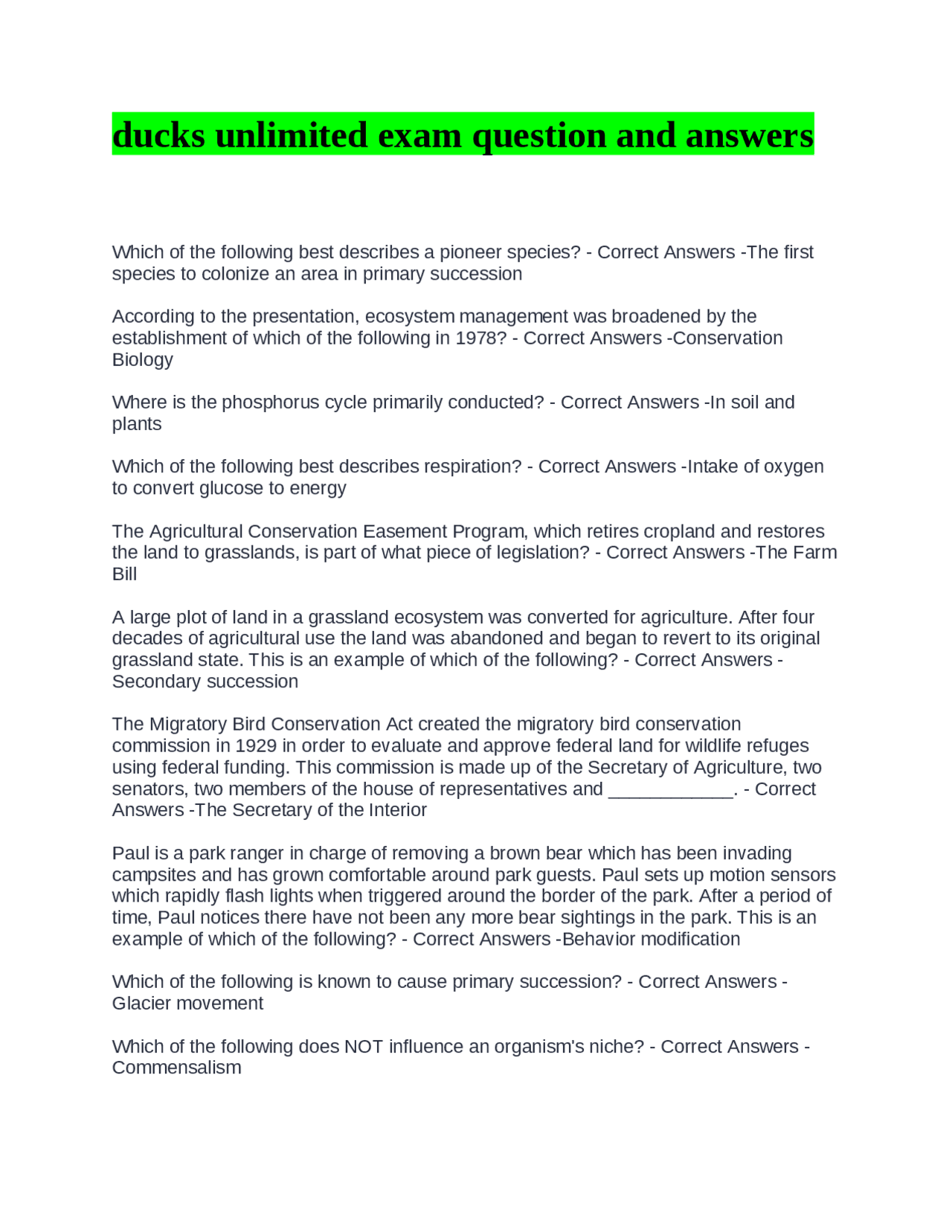 Ducks Unlimited Exam Questions and Answers: Ecology and Wildlife ...