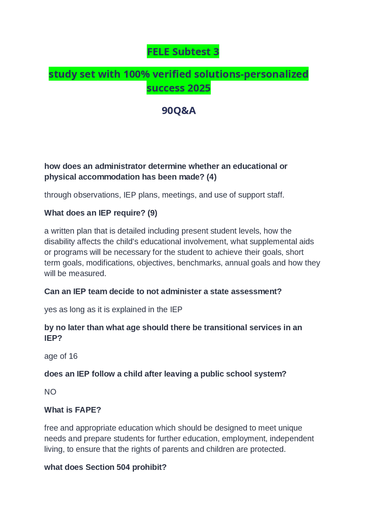 FELE Subtest 3 study set with 100% verified solutions-personalized ...