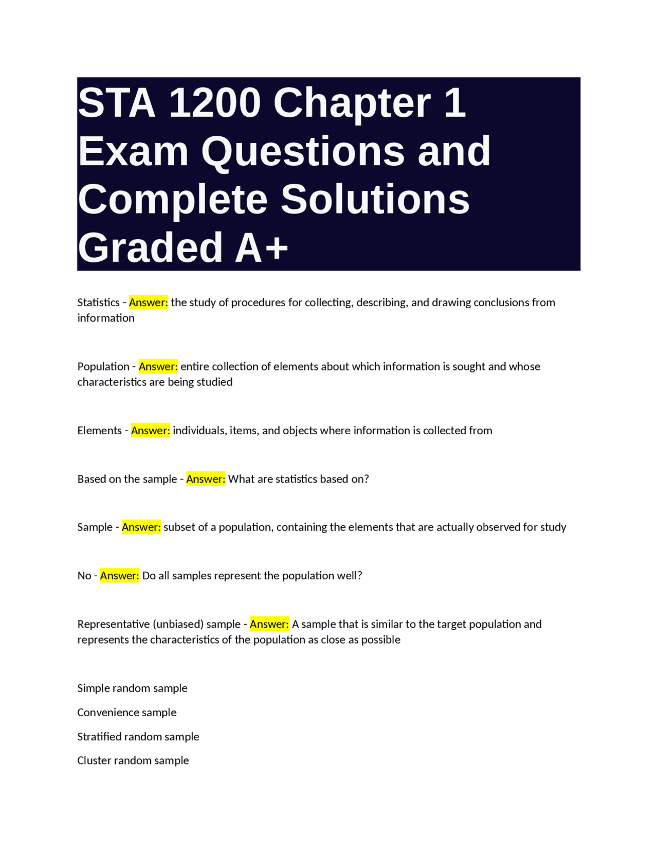 STA 1200 Chapter 1 Exam Questions and Complete Solutions: Introduction ...