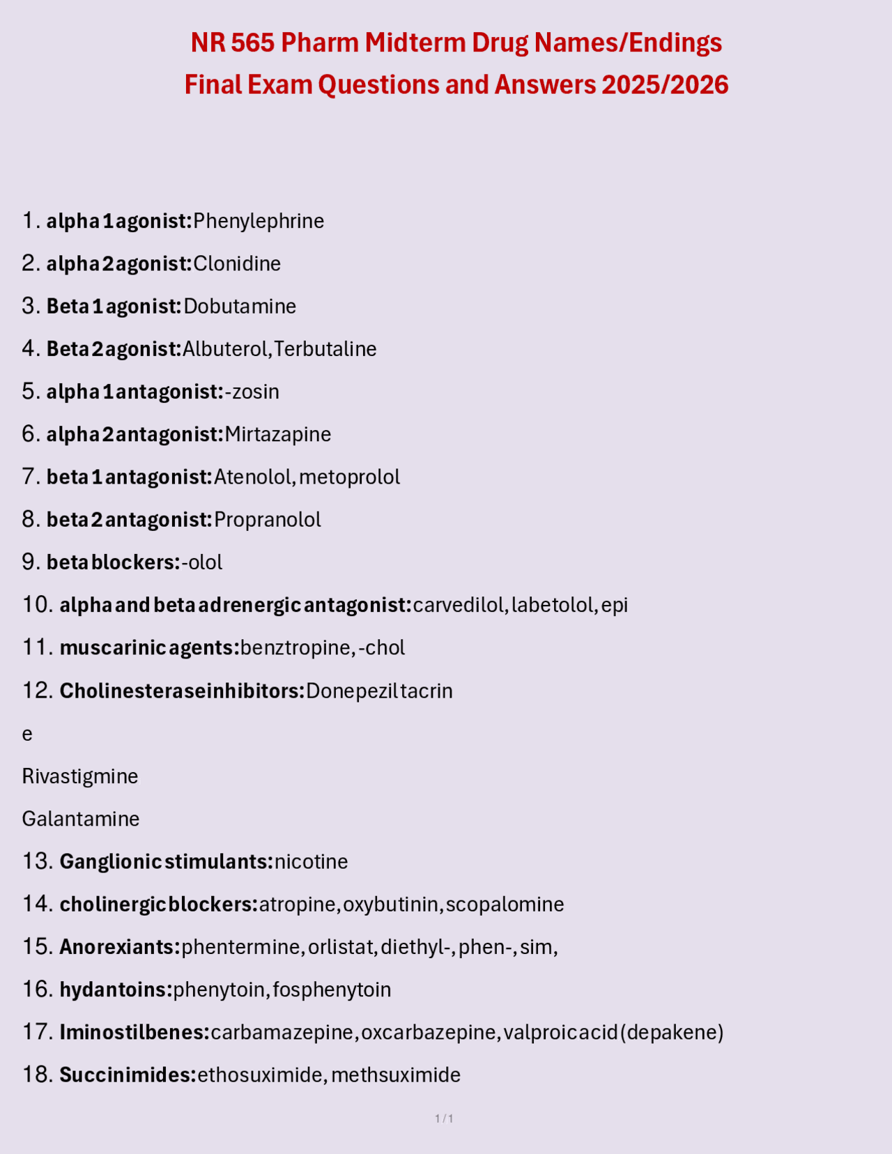 NR 565 Pharm Midterm Drug Names/Endings Final Exam Questions and ...