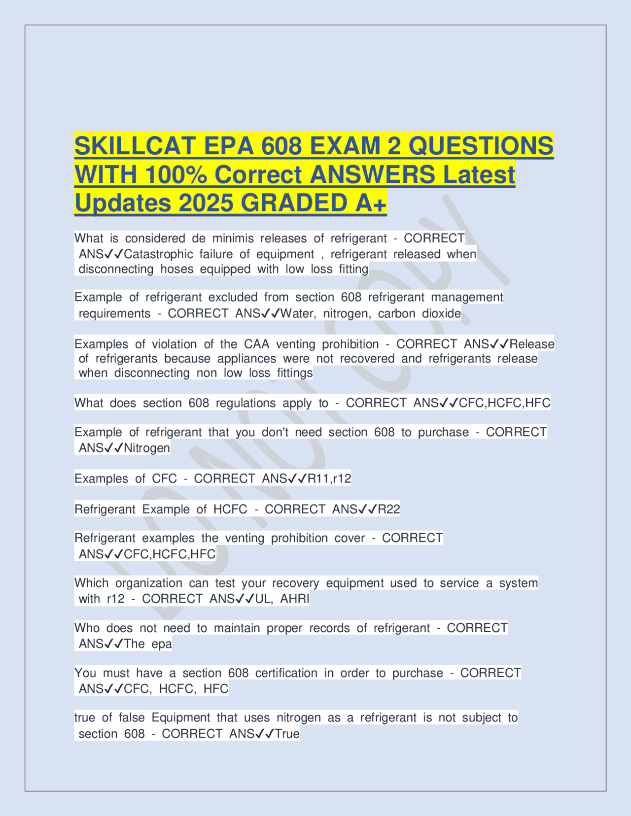 SKILLCAT EPA 608 EXAM 2 QUESTIONS WITH 100% Correct ANSWERS Latest ...