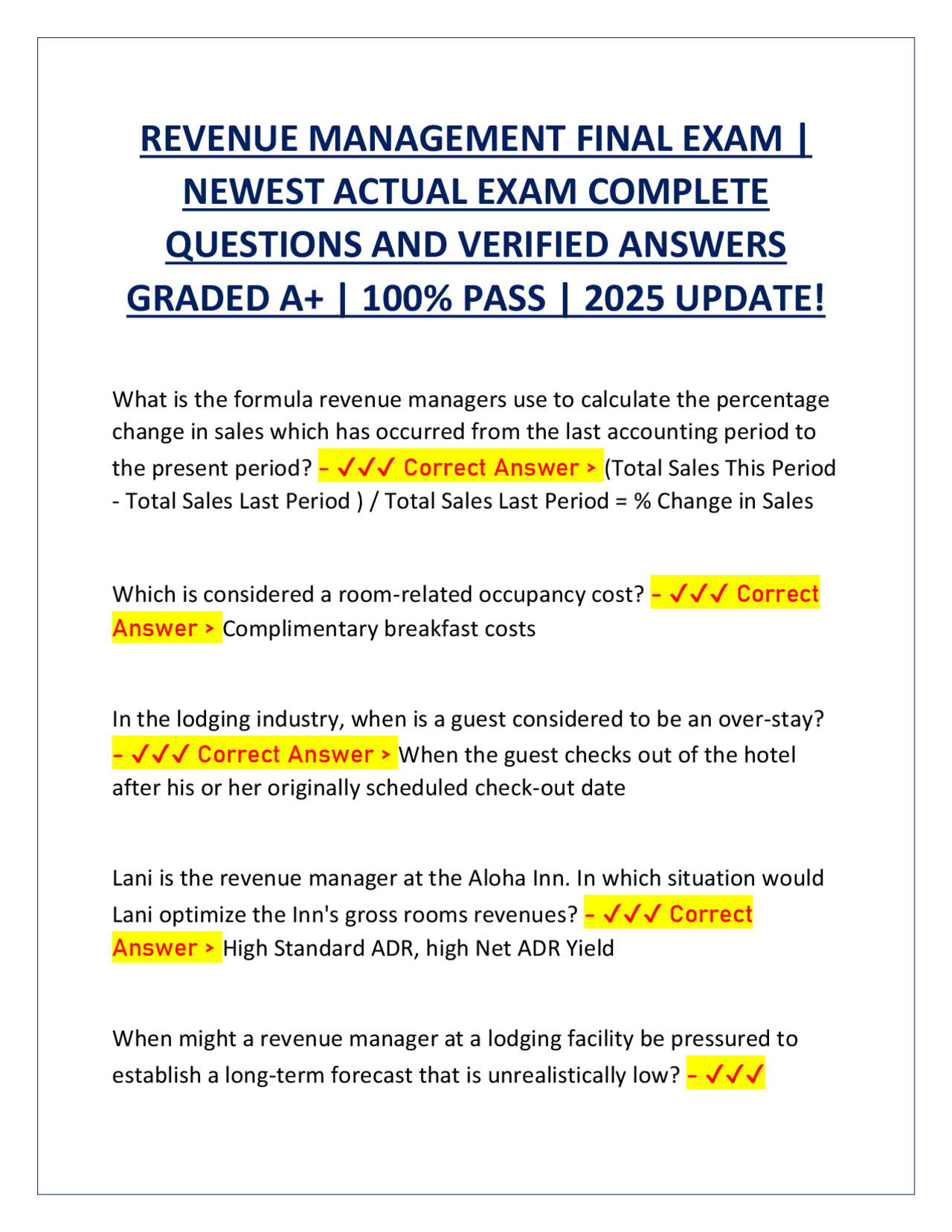 Revenue Management Final Exam: Questions and Answers | Exams Nursing ...