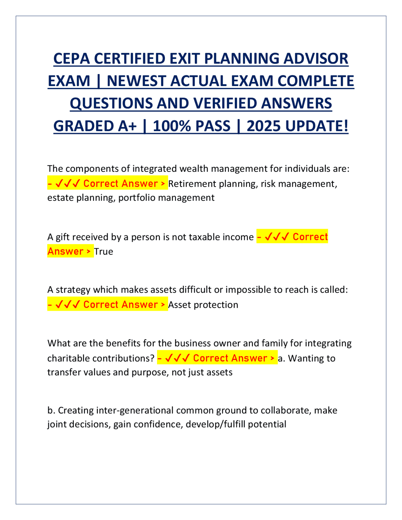 CEPA Certified Exit Planning Advisor Exam: Questions and Answers ...