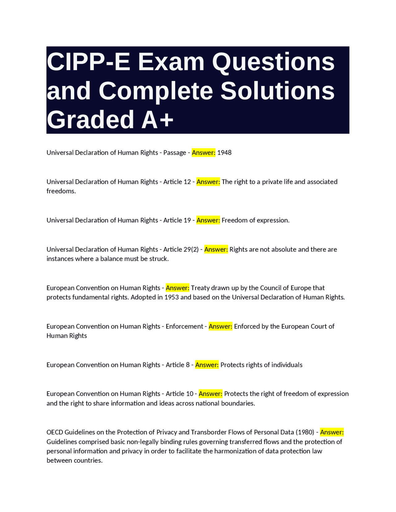 CIPP-E Exam Questions and Complete Solutions Graded A+ | Exams Law | Docsity