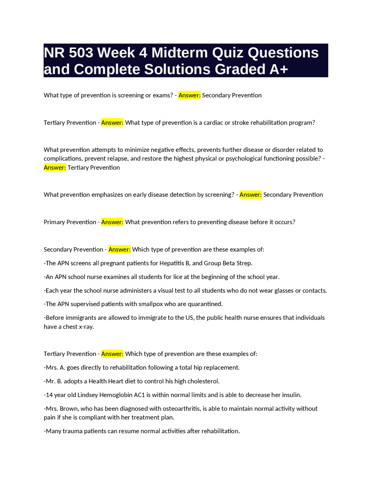 NR 503 Week 4 Midterm Quiz Questions and Complete Solutions Graded A+ | Exams Medicine | Docsity