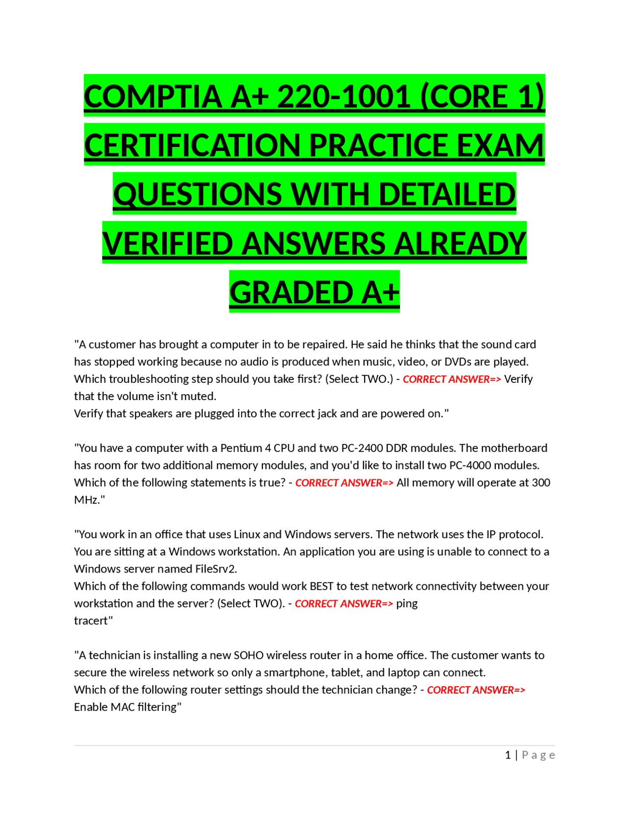 COMPTIA A+ 220-1001 (CORE 1) CERTIFICATION PRACTICE EXAM QUESTIONS WITH ANSWERS | Quizzes ...