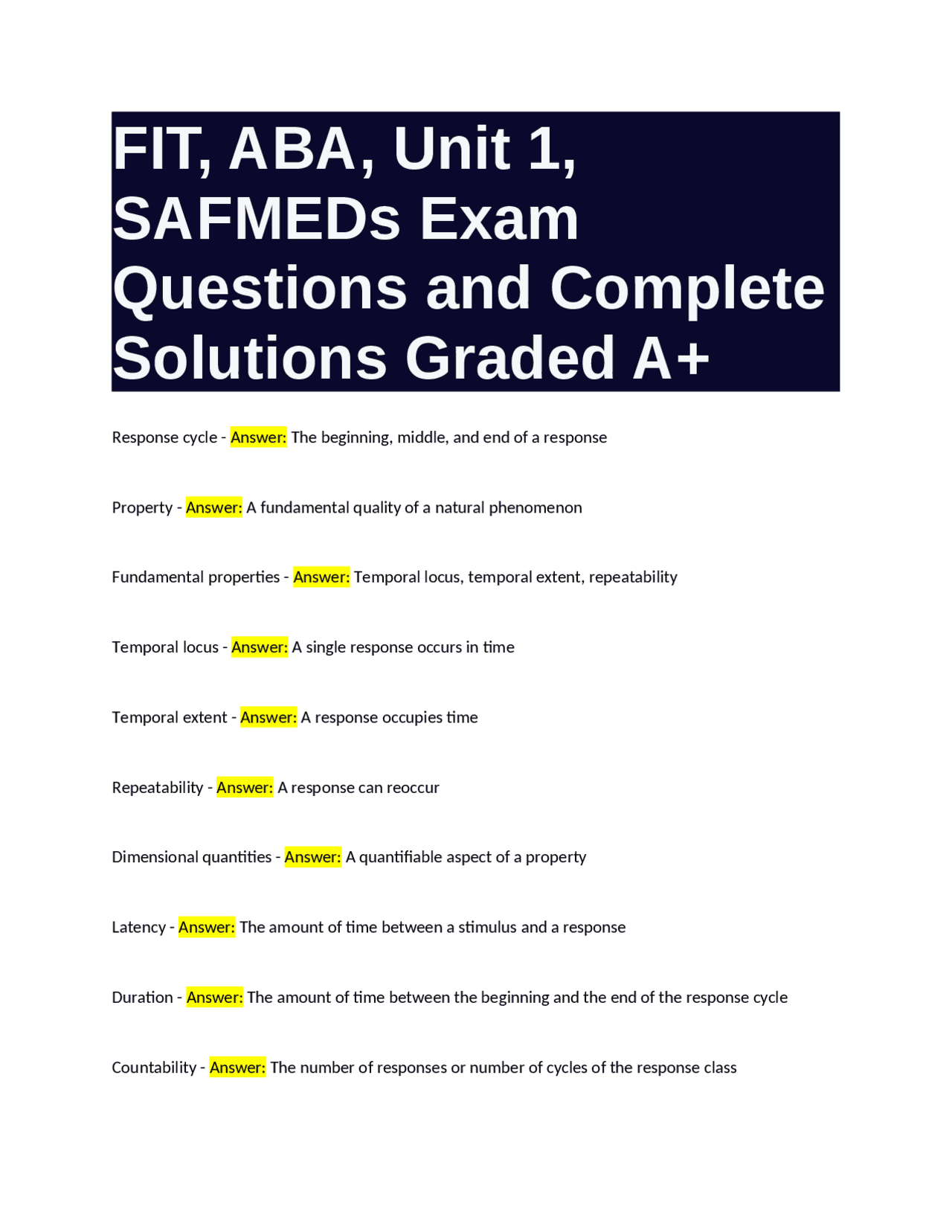 FIT, ABA, Unit 1, SAFMEDs Exam Questions and Complete Solutions Graded ...