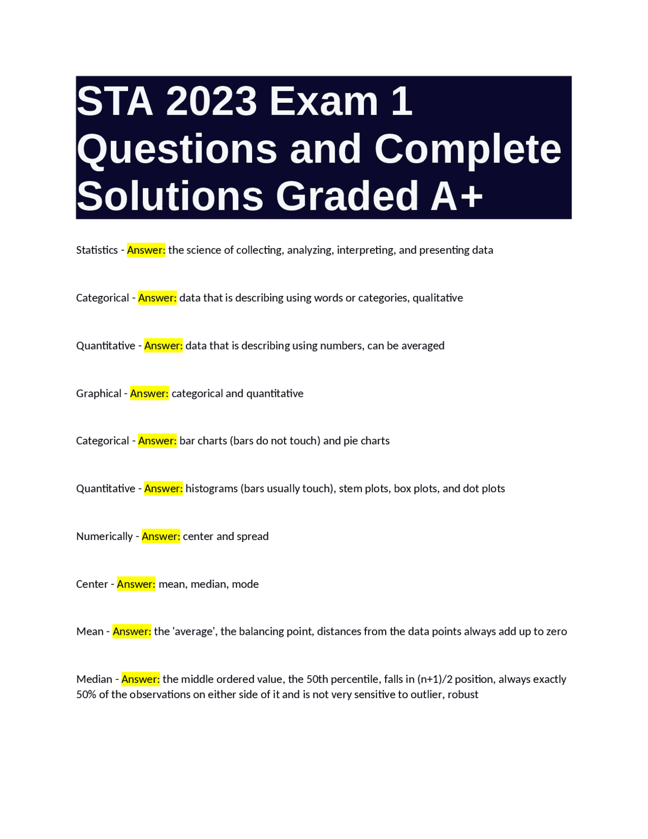 STA 2023 Exam 1: Statistics Concepts and Solutions | Exams Statistics | Docsity