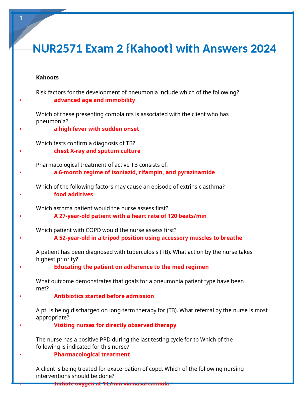NUR2571 Exam 2 {Kahoot} with Answers 2024 | Exams Nursing | Docsity