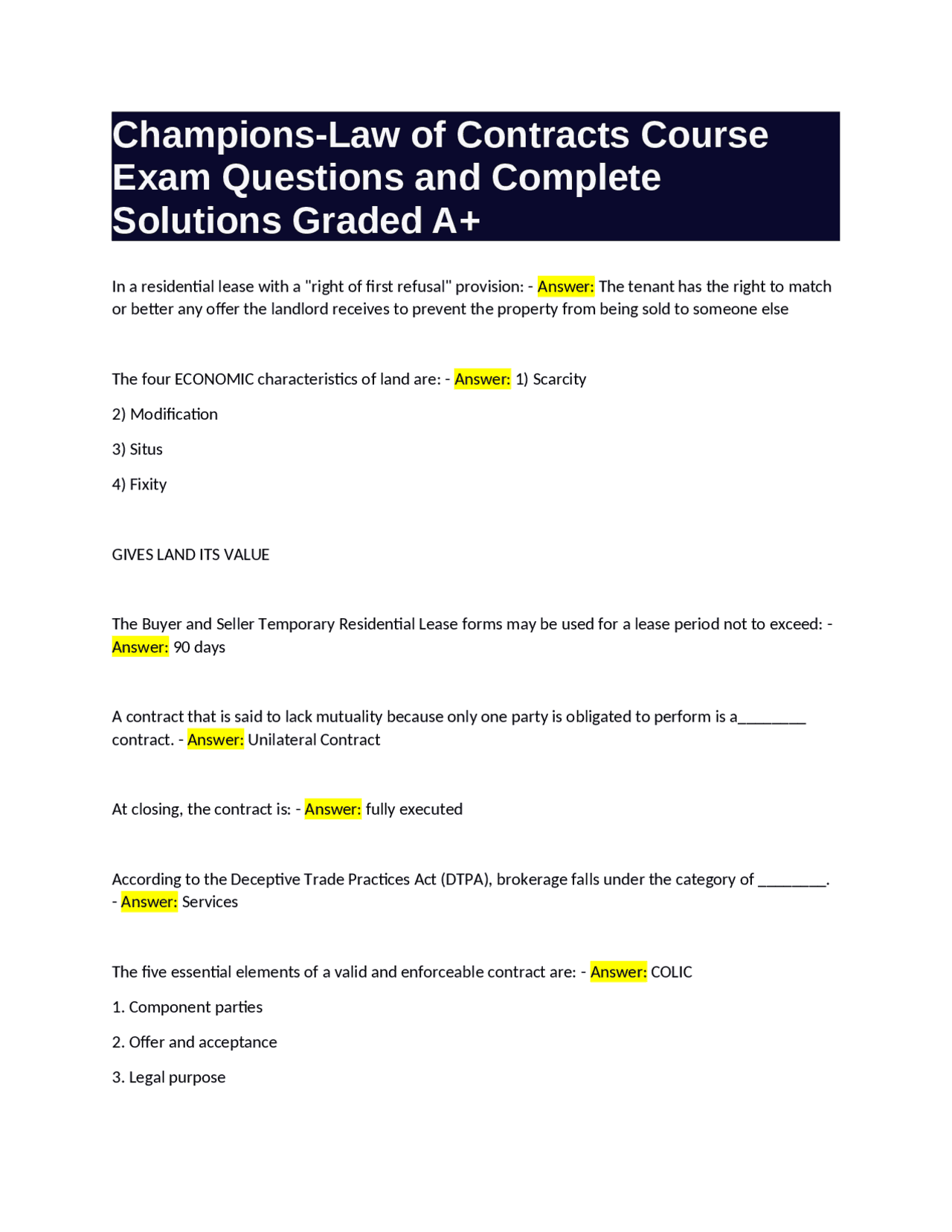 Champions-Law of Contracts Course Exam Questions and Complete Solutions ...