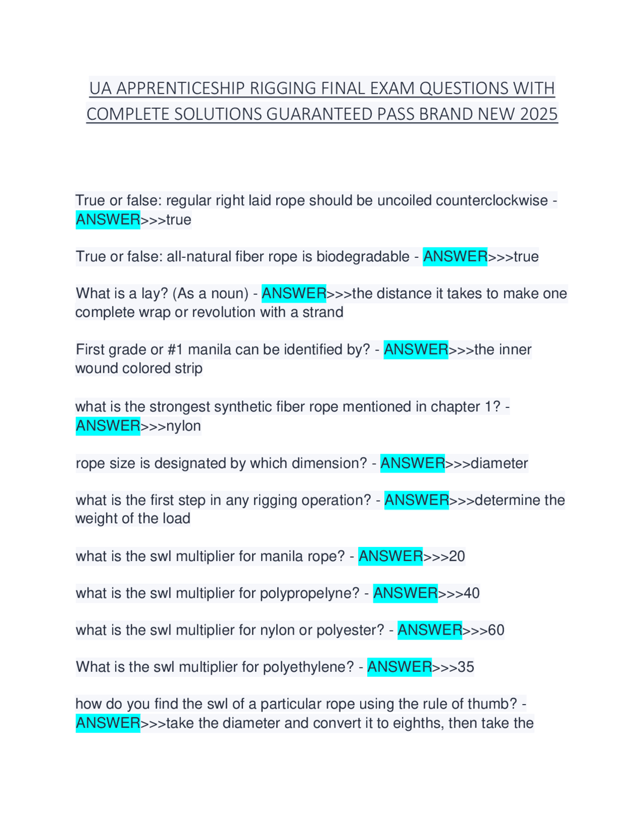 UA APPRENTICESHIP RIGGING FINAL EXAM QUESTIONS WITH COMPLETE SOLUTIONS ...