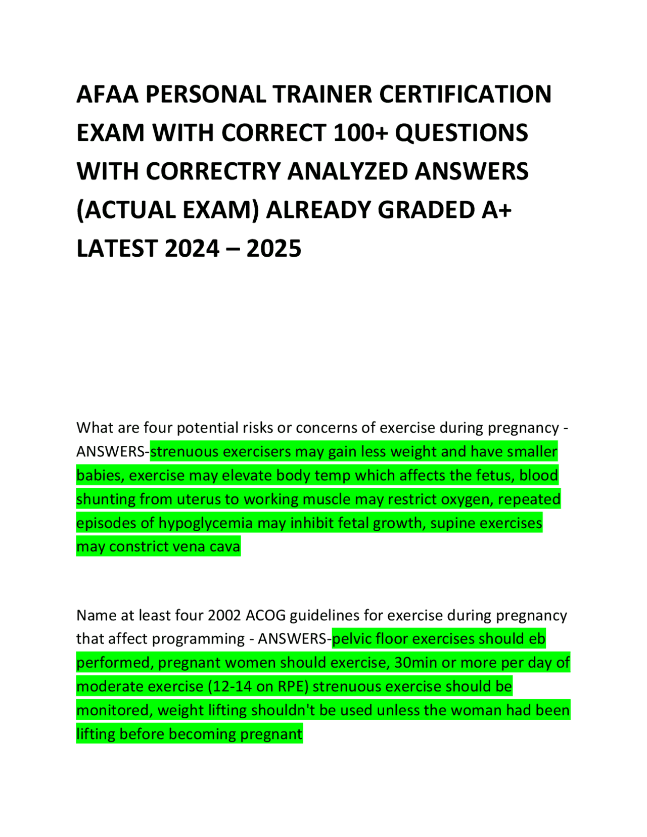 AFAA PERSONAL TRAINER CERTIFICATION EXAM WITH CORRECT 100+ QUESTIONS AND ANSWERS 2025 | Exams ...