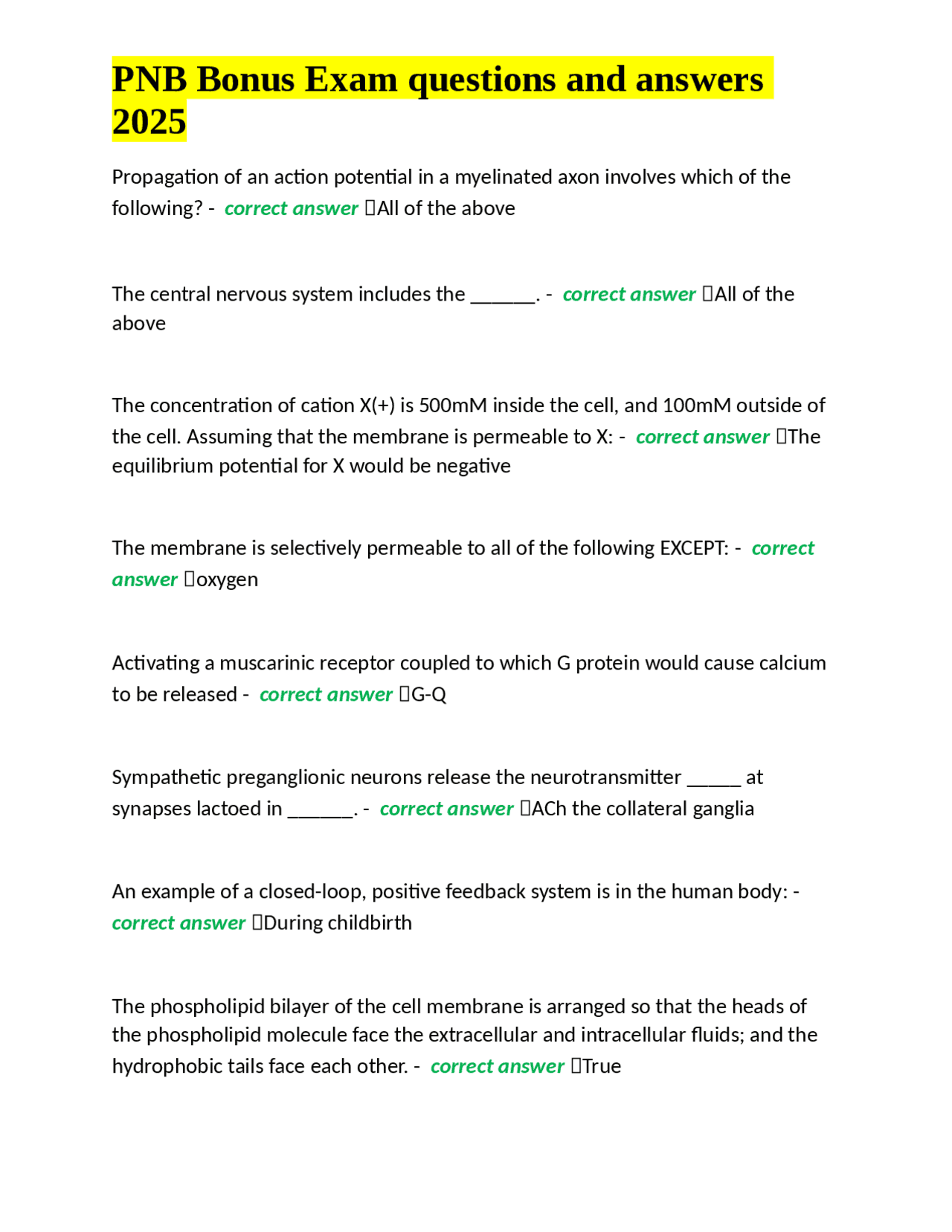 PNB Bonus Exam questions and answers 2025 | Exams Nursing | Docsity