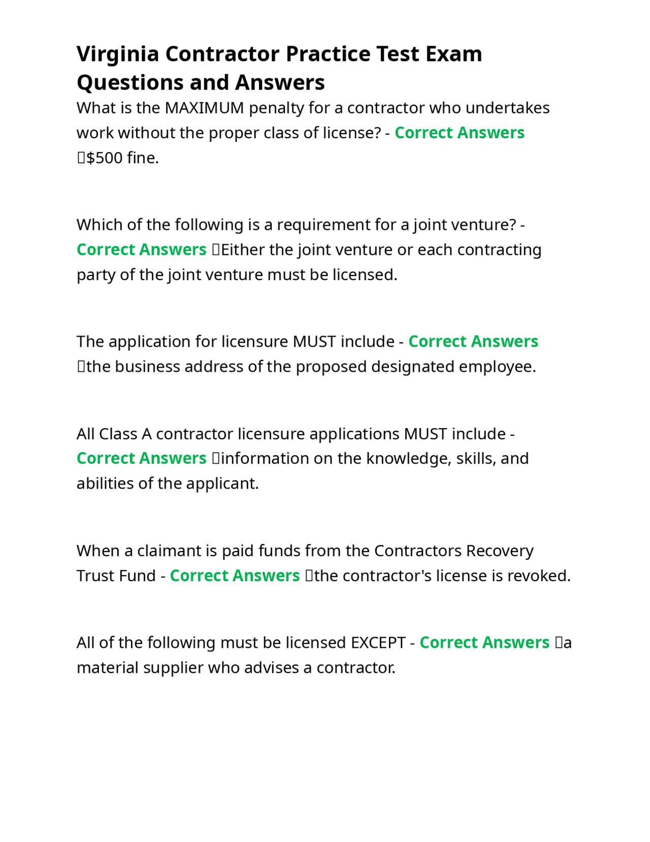 Virginia Contractor Practice Test Exam Questions and Answers | Exams ...