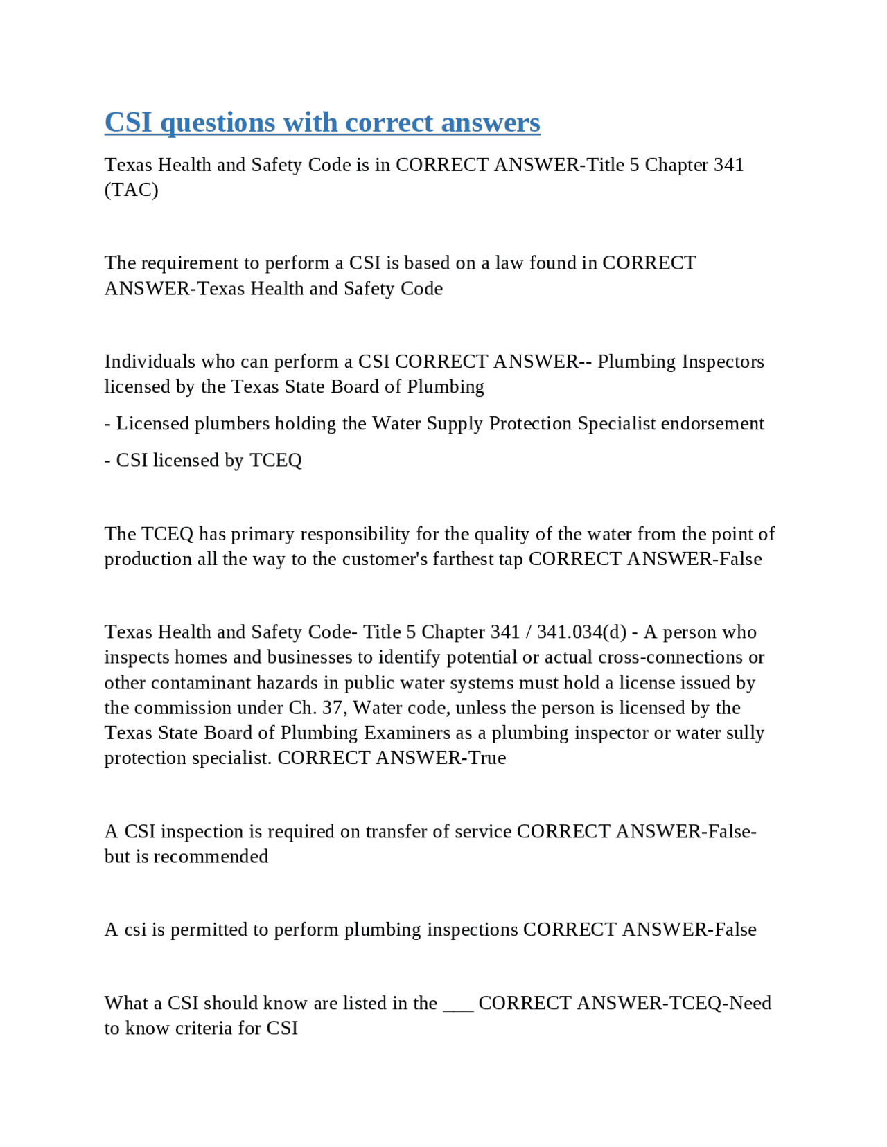 CSI questions with correct answers | Exams Water and Wastewater ...