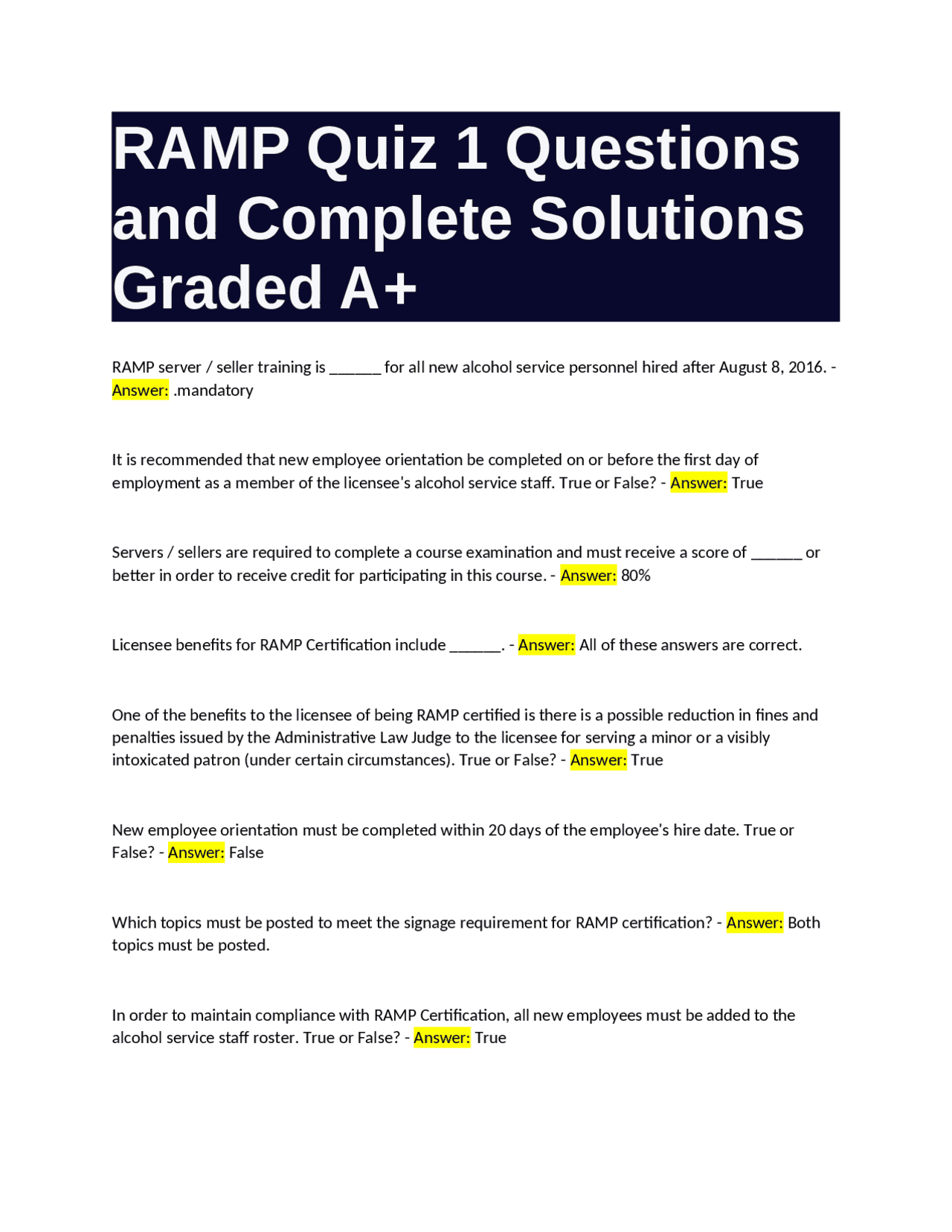 RAMP Quiz 1 Questions and Complete Solutions Graded A+ | Exams ...