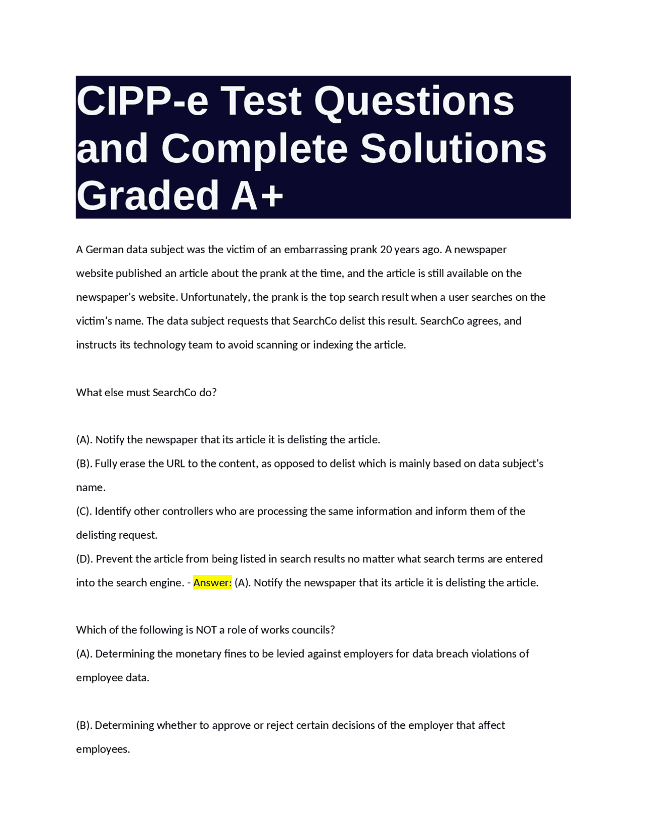 CIPP-e Test Questions with Complete Solutions Graded A+ | Exams Law ...