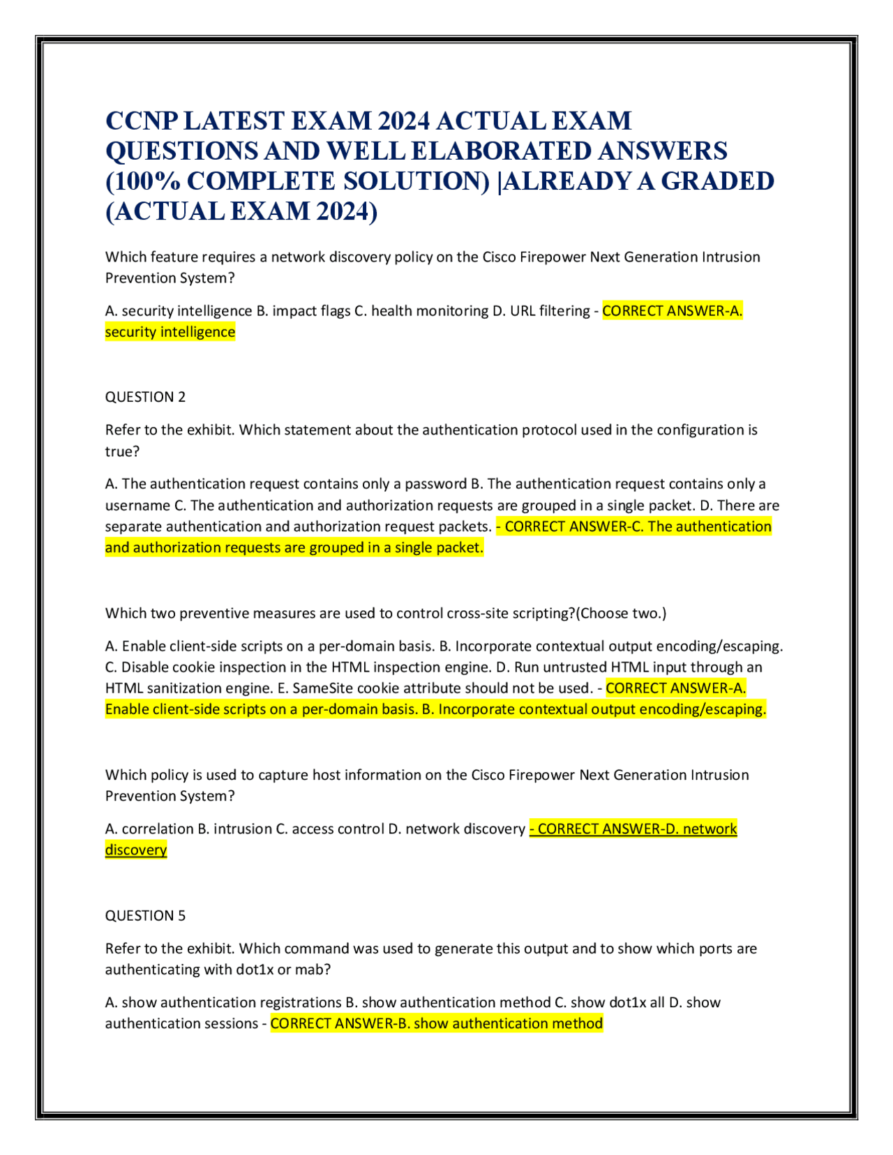 CCNP Exam Questions and Answers: Network Security and Automation | Exams Nursing | Docsity