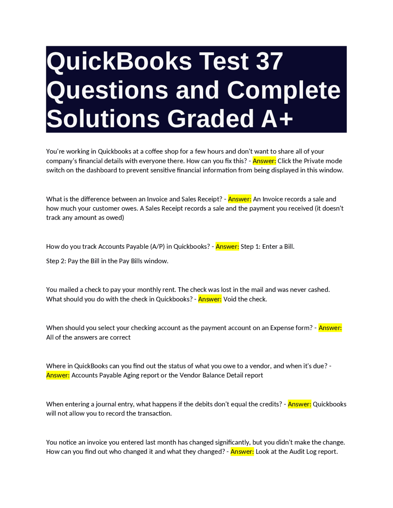QuickBooks Test 37: Questions and Complete Solutions Graded A+ | Exams ...