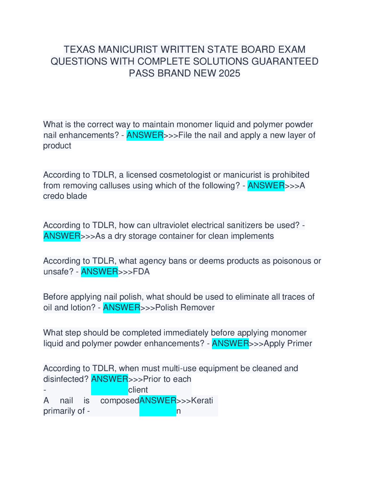 TEXAS MANICURIST WRITTEN STATE BOARD EXAM QUESTIONS WITH COMPLETE ...