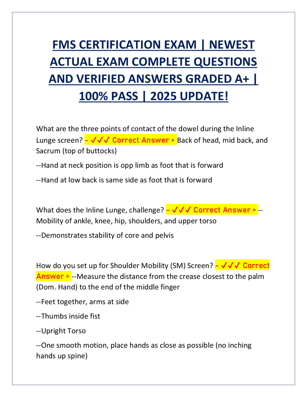 Functional Movement Screen (FMS) Certification Exam: Questions and Answers | Exams Nursing | Docsity