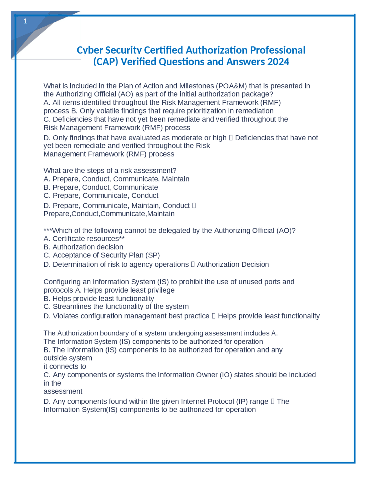 Cyber Security Certified Authorization Professional (CAP) Questions and ...