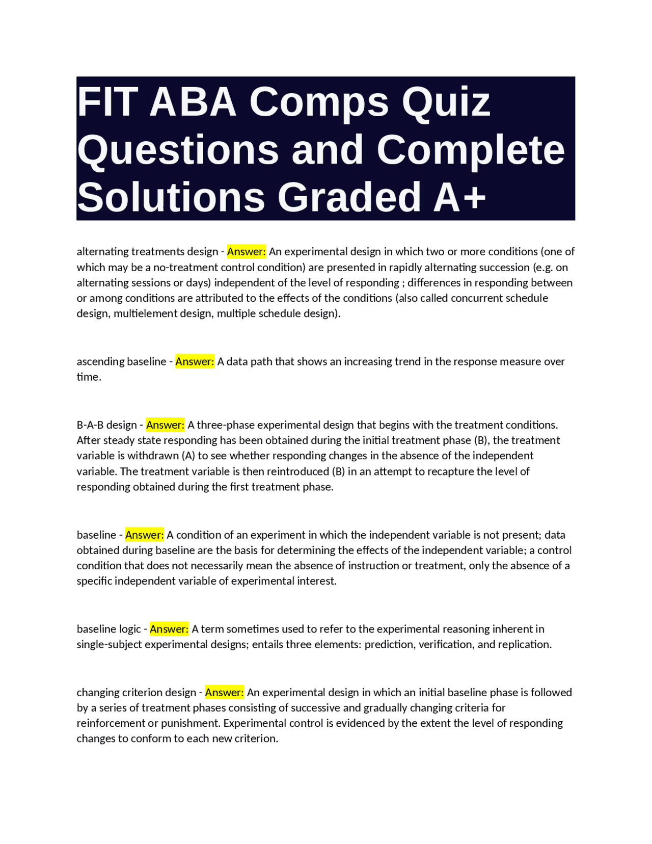 FIT ABA Comps Quiz Questions and Complete Solutions Graded A+ | Exams ...