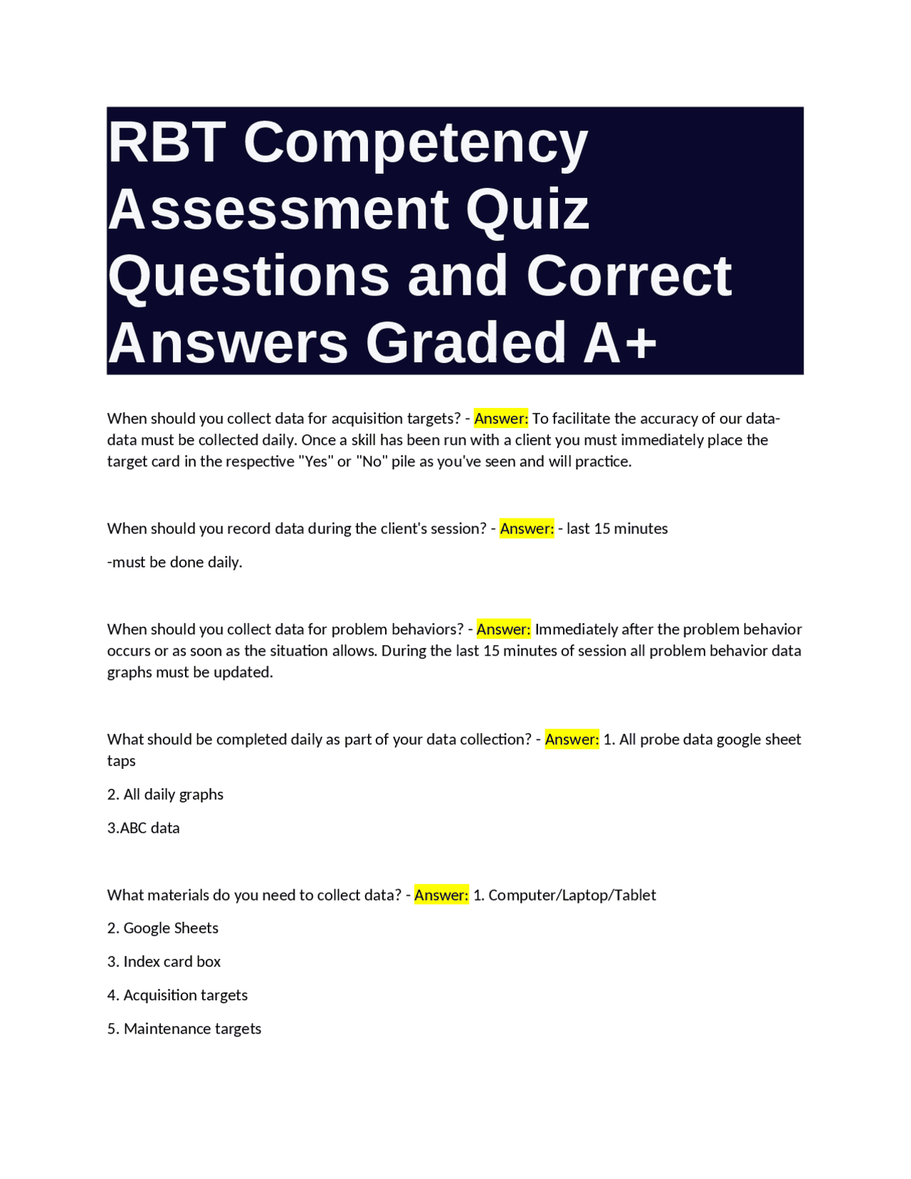RBT Competency Assessment Quiz Questions with Correct Answers Graded A+ ...