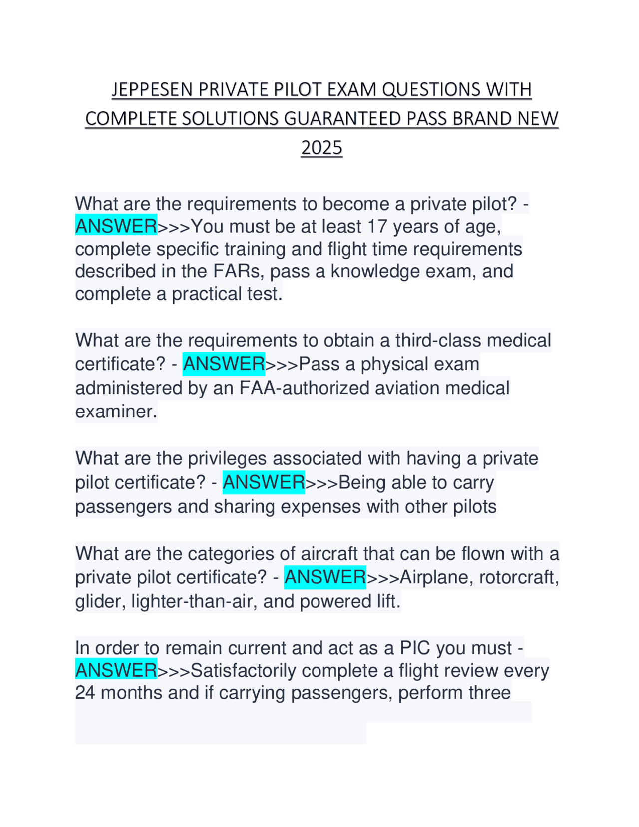 JEPPESEN PRIVATE PILOT EXAM QUESTIONS WITH COMPLETE SOLUTIONS GUARANTEED PASS BRAND NEW | Exams ...