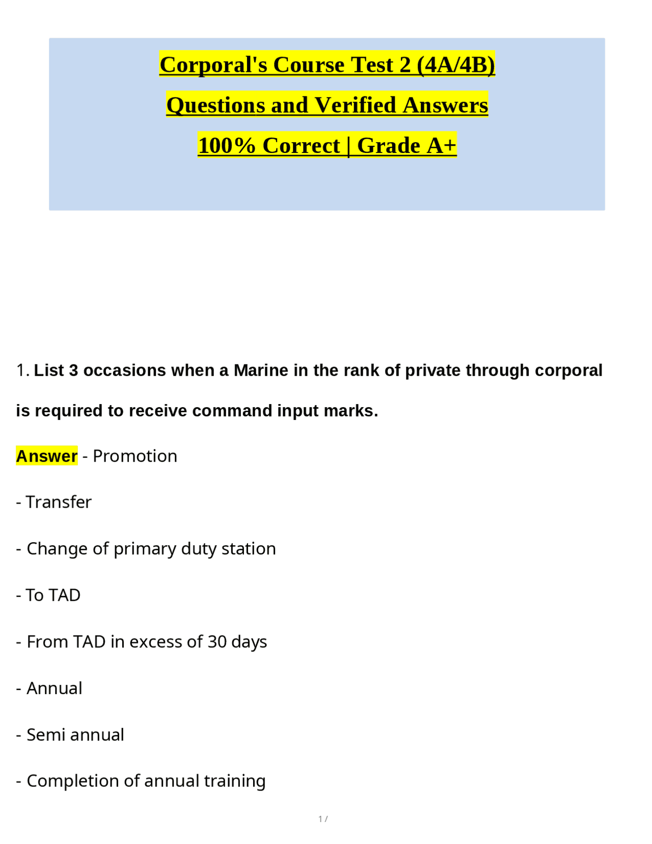 Corporal's Course Test 2 (4A/4B) (Latest 2025 / 2026 Update) Questions ...