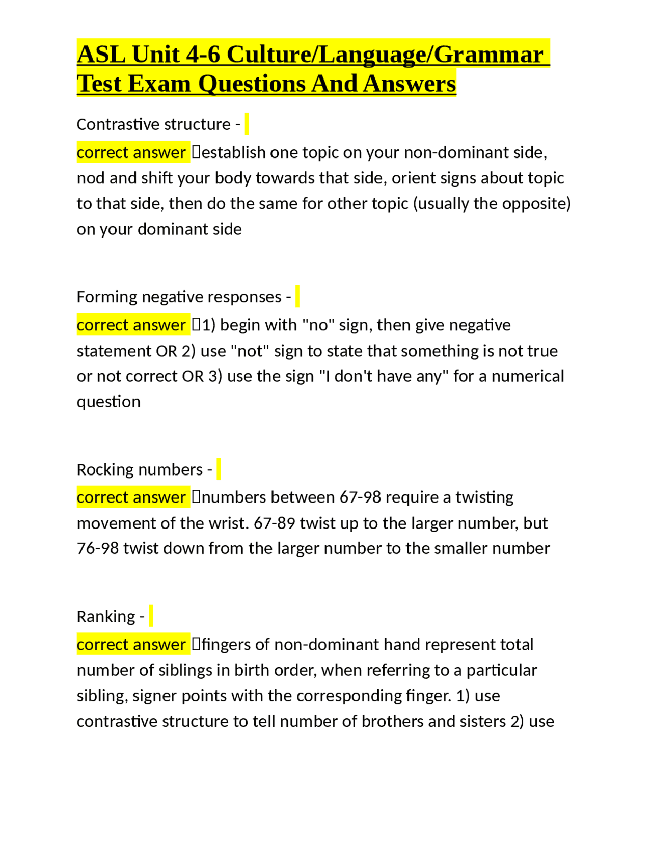 ASL Unit 4-6 Culture/Language/Grammar Test Exam Questions And Answers ...