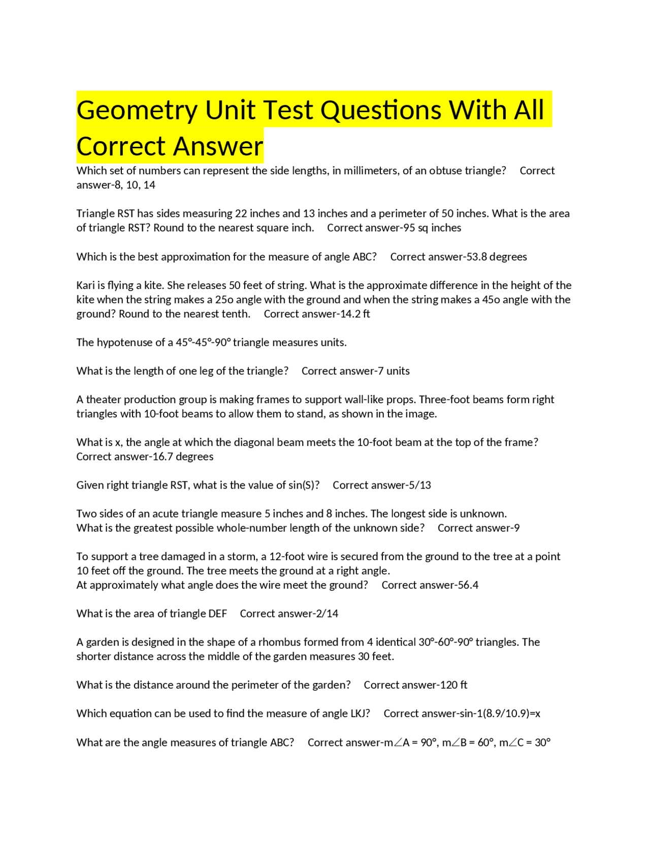 Geometry Unit Test Questions with Answers | Exams Geometry | Docsity