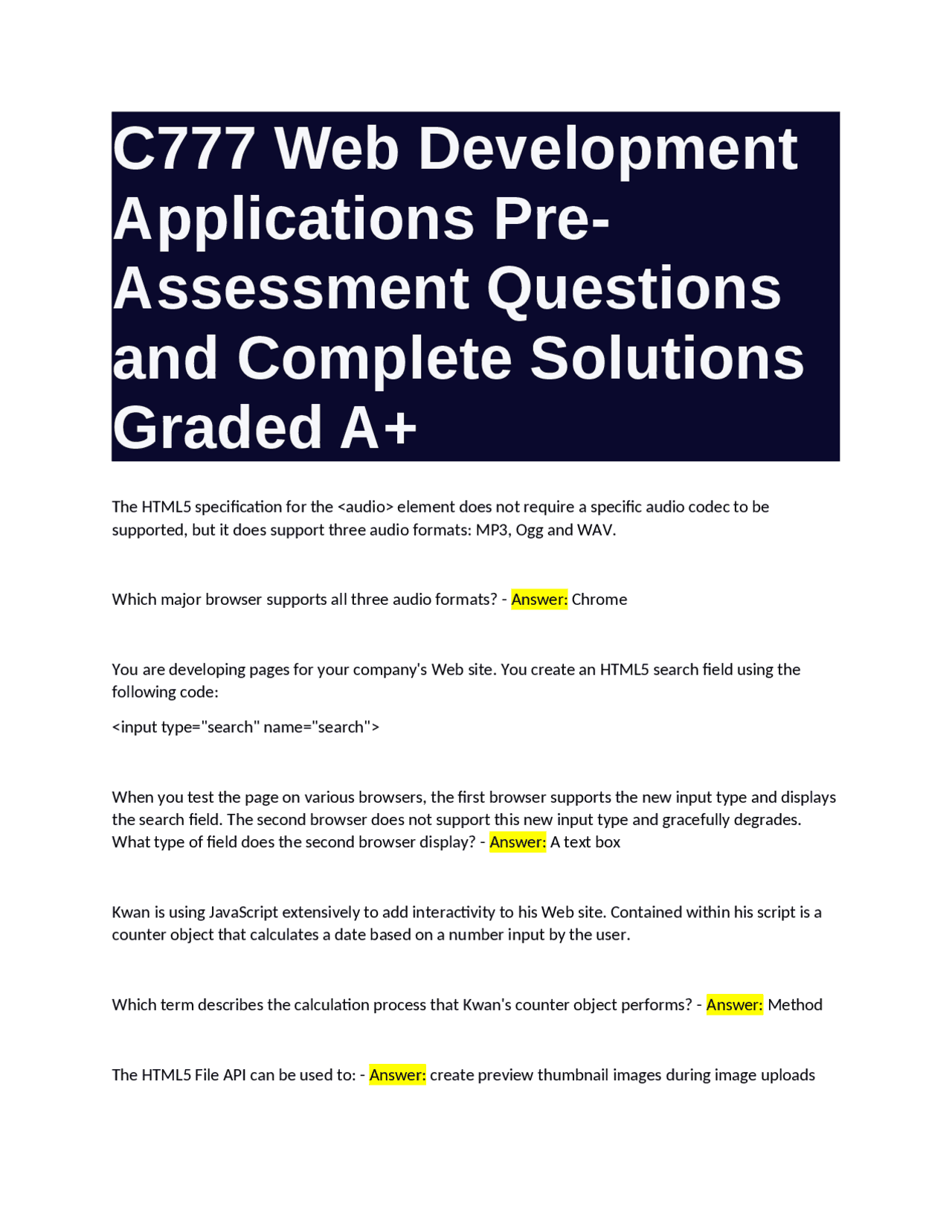 Web Development PreAssessment Questions and Solutions: HTML5, JavaScript, and CSS | Exams ...