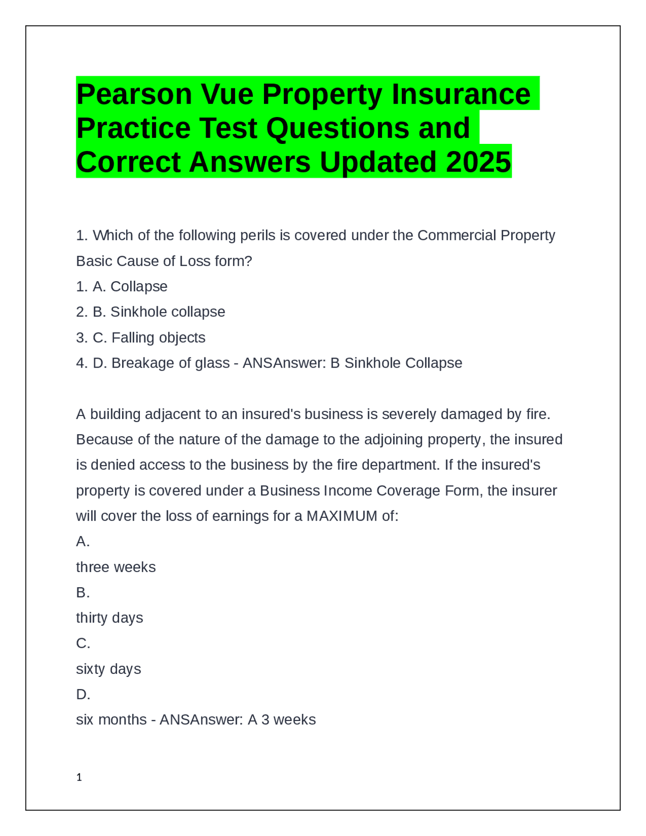 Pearson Vue Property Insurance Practice Test Questions and Answers ...