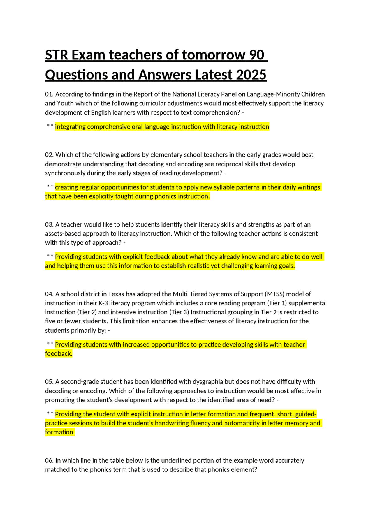 STR Exam teachers of tomorrow 90 Questions and Answers Latest 2025 ...